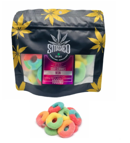 1000mg THC Sour gummies- Neon Rings by Smashed - Get Well Shroom