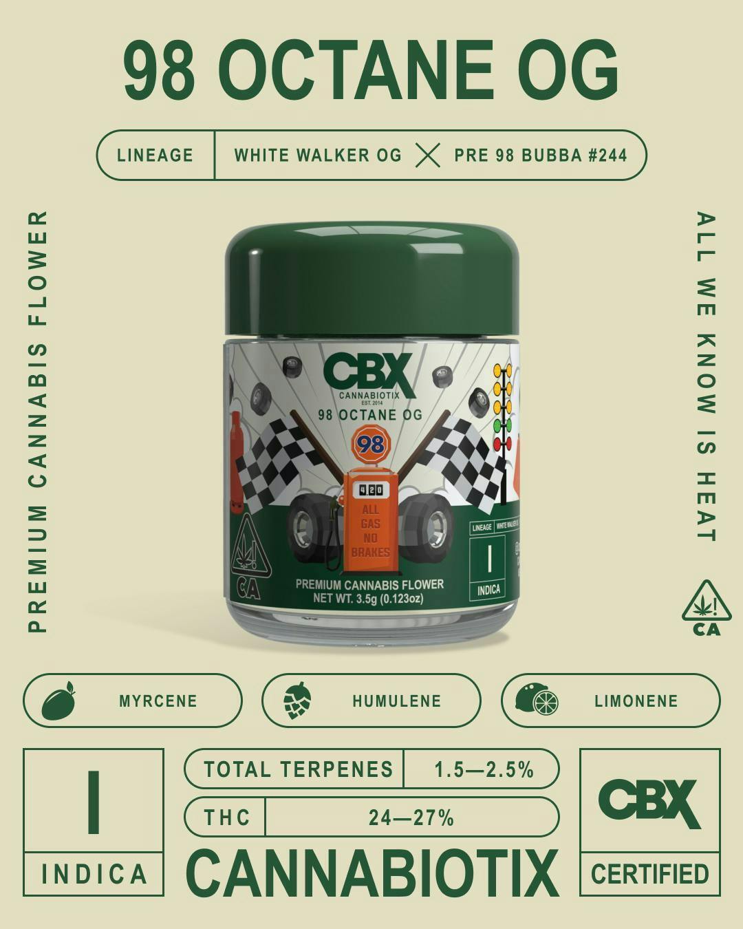3.5 Grams Premium Cannabis Flower - 98 OCTANE by CBX (Indica) THC: 30% ...